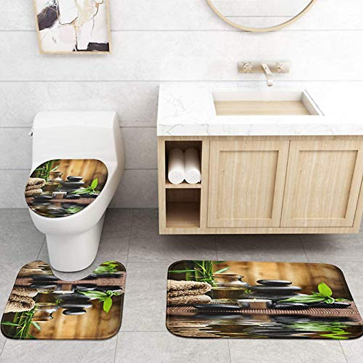 ArtSocket 4 Pcs Shower Curtain Set Stones spa Oil Wood Massage Relax Candle ayurvedic Water Bamboo Green with Non-Slip Rugs Toilet Lid Cover and Bath Mat Bathroom Decor Set 72" x 72"