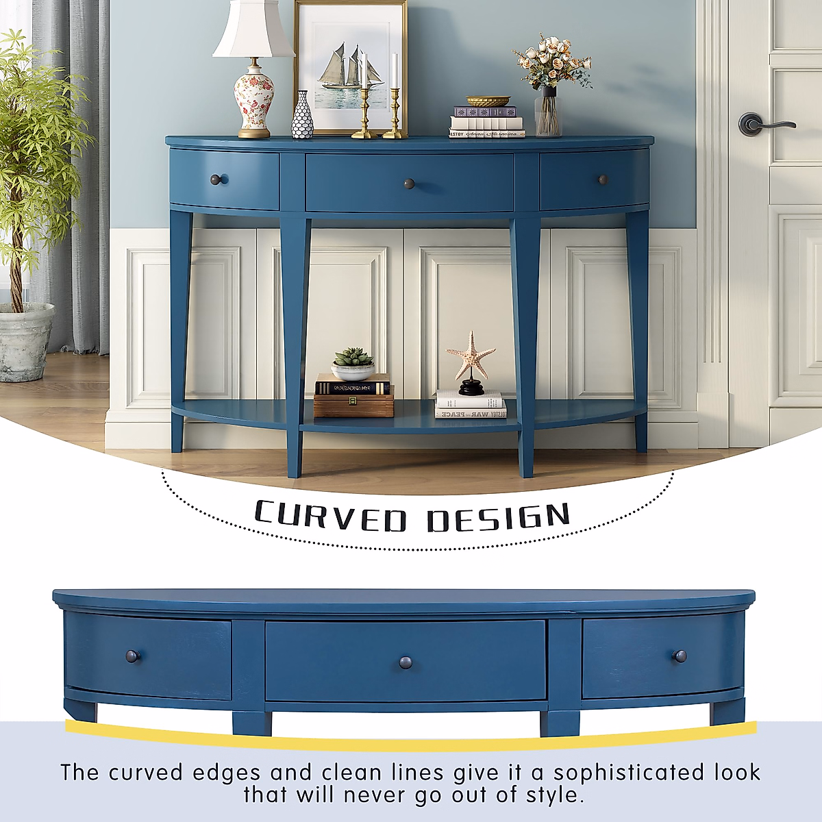 Modern Curved Console Table Sofa Table with 3 Drawers and Bottom Shelf, Wood Buffet Sideboard Accent Storage Cabinet for Hallway Entryway Living Room (Navy Blue 006)