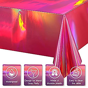 4 Pack Hot Pink Iridescence Plastic Tablecloths Shiny Disposable Laser Rectangle Table Covers Holographic Foil Tablecloth Party Decorations Birthday Bridal Wedding Christmas, 54 x 108 Inch