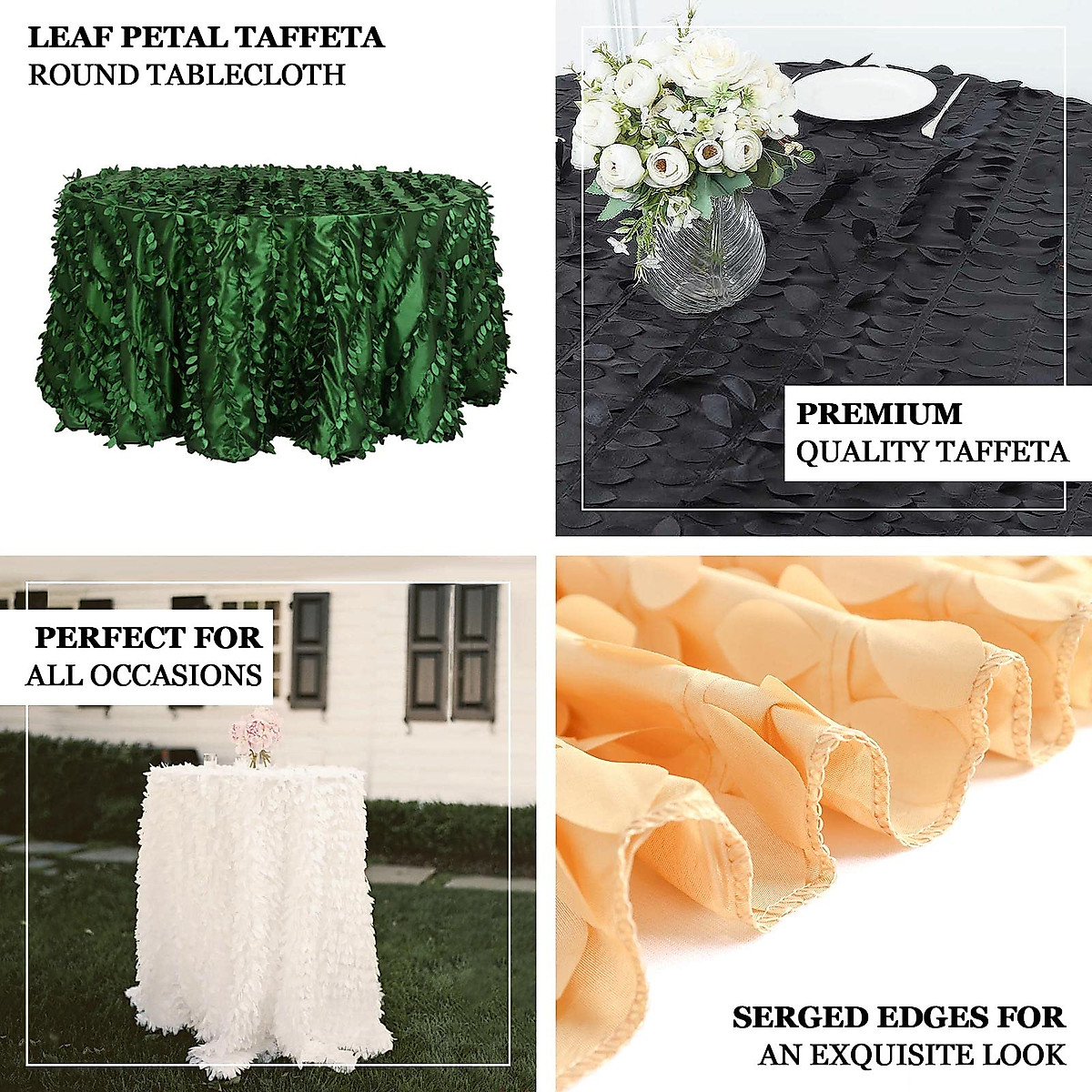 Efavormart 132" Leaf Petal Taffeta Tablecloth Round - Green for Wedding, Party, Event, Banquet, Decoration, Dessert Table Exhibition, Events Table Cover, Indoor Outdoor