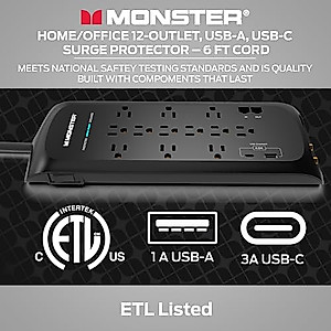 Monster Black Heavy Duty Surge Protector Power Strip 6 ft Cord with 10 120V-Outlet Extension, 2 Ethernet Switch Ports, 4050J Rating, 1 USB-A, and 1 USB-C Charging Ports – Ideal for Computers & Offices