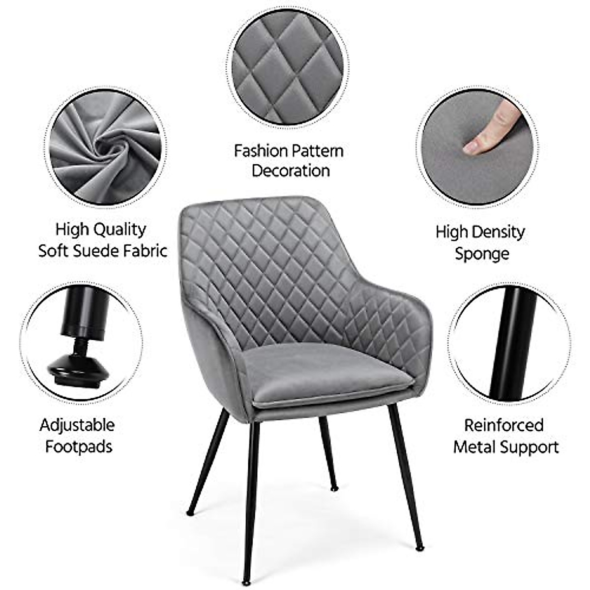 Yaheetech Dining Chairs Velvet Accent Armchairs Living Room Chairs with Steel Legs Upholstered Modern Tub Chairs with Backrest Armrest for Lounge Living Room Dining Room, Set of 6, Gray