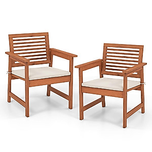 Tangkula Outdoor Dining Chairs Set of 2, Weather-Resistant Heavy Duty Slatted Wood Patio Chairs with Soft Padded Cushions, for Deck, Garden, Poolside, Balcony (2, Off White)