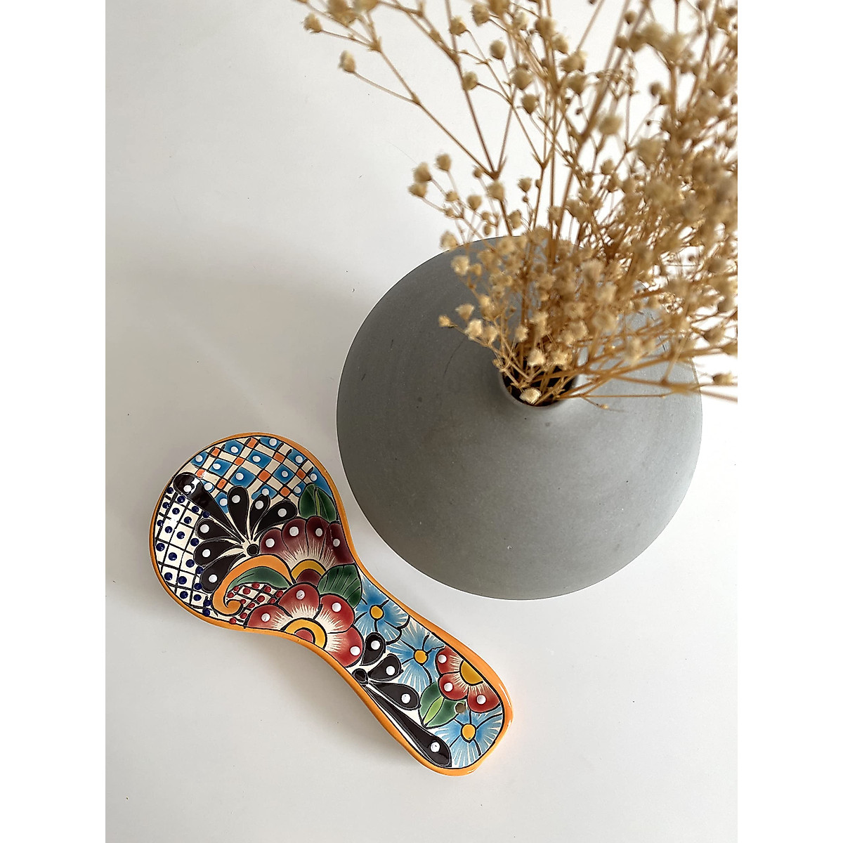 Colorful Ceramic Spoon Rest – Hand-Painted Large Talavera Kitchen Utensil Holder for Counter & Stove Top in Gift Box - Dishwasher Safe Lead Free Cooking Ladle Dish Mexican Style Cuchara Multicolor