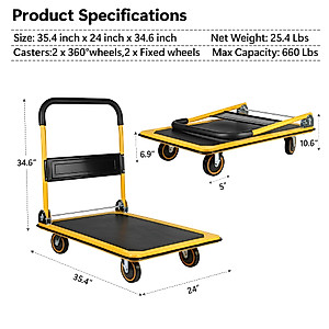 Platform Truck Hand Truck Large Size Foldable Dolly Cart for Moving Easy Storage and 360 Degree Swivel Wheels 660lbs Weight Capacity (Yellow)