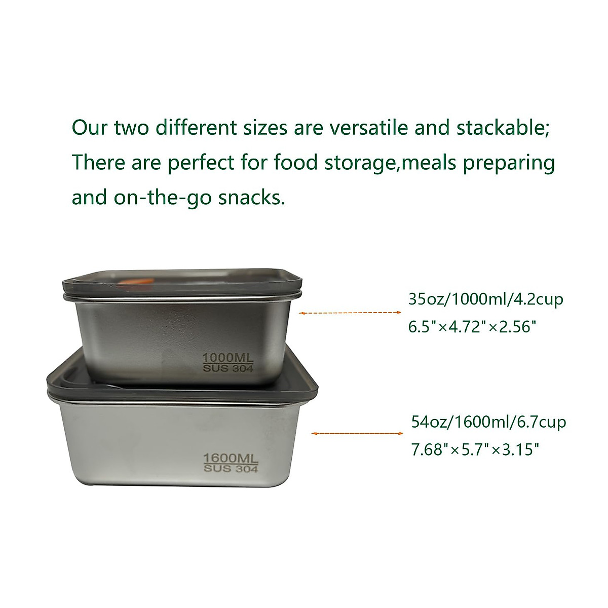 SSQYKJ 2-Pack 304 Stainless Steel Food Storage Containers,1L&1.6L Airtight Lunch Box for Meal Prep,Bento,Kitchen-Stackable,Leakproof,Easy Clean (35oz/54oz)