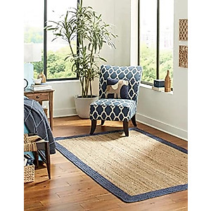 Durrie India Hand Woven Jute Braided Rug 6' x 4' Natural Frame Pattern Farm House Accent Rugs for Living Room, Kitchen, Bedroom Area Rug Blue and Beige(72x48 Inches)