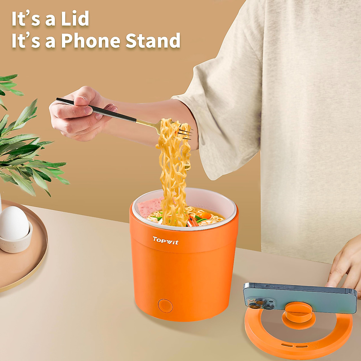 Topwit Ramen Cooker - Mini 1L Electric Pot for Noodles, Pasta, Steak, Egg with Over-Heating and Boil Dry Protection - Portable, Dorm Room Essentials, Orange