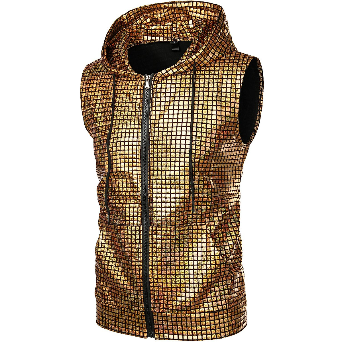 ZEROYAA Mens Hipster Metallic Sequins Zip Up Sleeveless Hooded Vest T Shirt with Kangaroo Pocket ZLSV17 Gold X-Large