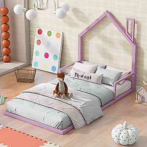 LostCat Twin Size Floor Bed Frame, Metal Montessori Floor Bed Frame for Kids Girls Boys, Twin Montessori Floor Bed with Slat Support, No Box Spring Needed, Pink