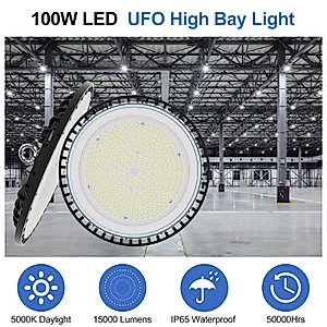 Sumkea 4 Pack 200W UFO LED High Bay Light, High Bay LED Shop Light Fixture 3000-6500K, 28,000lm, with 5' Cable US Plug, Safe Rope, Commercial Bay Lighting for Barn Factory Warehouse Church - Black