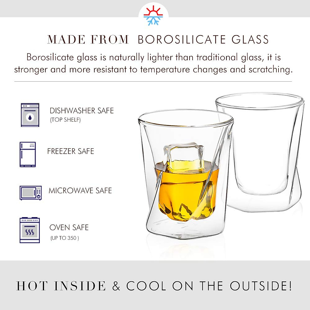 JoyJolt Lacey Whiskey Double Wall Glasses, Set of 2 Insulated Whiskey Glass, 10-Ounces.