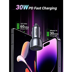 UGREEN USB C Car Charger, 52.5W Type C Car Charger PD 30W&QC 18W, Fast Car Charger Adapter Compatible with iPhone 14/13/12/11, iPad Pro/Mini/Air, Galaxy S23/S22/S21/S20/S10/Note 20, Pixel 7/6/5