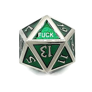 Green Metal D20 F*** Dice Critical Fail F 20 Sided Die Set DND Silver Chrome Color Number for Role Playing Game Dungeons and Dragons D&D Pathfinder Shadowrun and Math Teaching