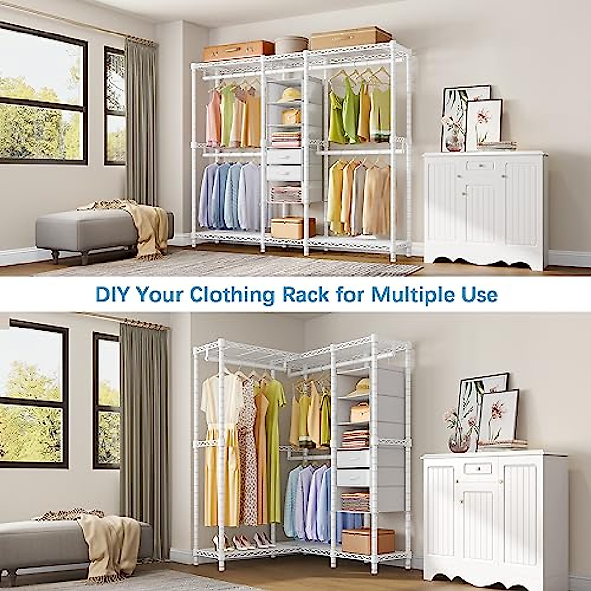 VIPEK L6E Garment Rack for Hanging Clothes Heavy Duty Clothes Rack with Shelves, L Shaped Clothing Rack Portable Corner Closet Metal Freestanding Wardrobe with Drawers, Max Load 715 LBS, White