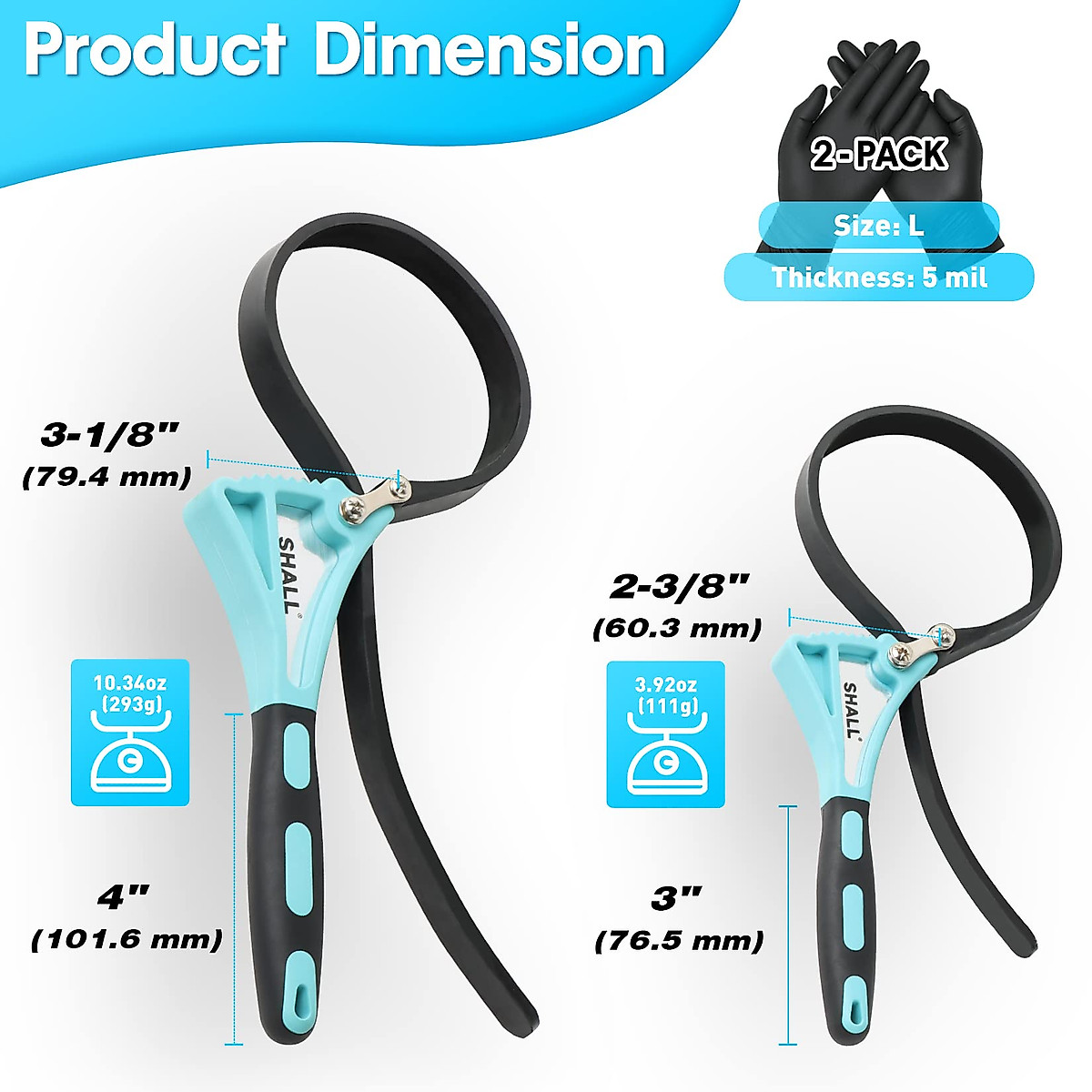 SHALL 2-Piece Rubber Strap Wrench Set, Adjustable Oil Filter Wrench, Jar Opener, 4" & 6" Max Rotation Diameter, Anti-slip Handle, 2-Pack PVC Gloves Included, for Pipe, Oil Filter, Jar, Water Faucet