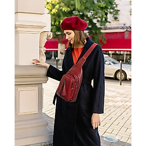 Crossbody Bag for Women - Leather Fanny Pack Sling Fashionable Chest Bag for On-The-Go Travel, Sports, Running, Hiking - Wine Red