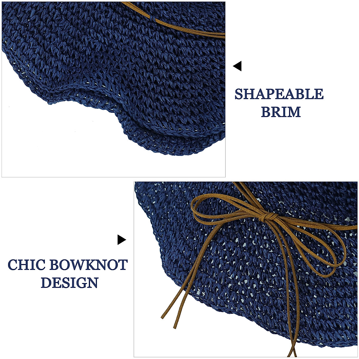 Women Sun Hat Wide Brim Floppy Beach Hat Crochet Straw Hat Breathable UV UPF 50+ Summer Hat Foldable Packable Travel Outdoor Cap Navy Blue