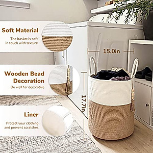 CherryNow Wicker Laundry Basket Tall Woven Hamper, Blanket Storage Basket for Living Room, Entryway, Toy Basket for Nursery, Decorative Clothes Hamper for Bedroom, White & Jute, 51L, 15 x 17.7 inches