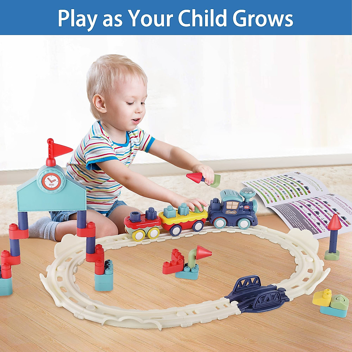 iPlay, iLearn Toddler Musical Train Set Toys, Kids First Electric Railway Tracks Playset, Baby Choo Choo Train W/Learning Blocks, Birthday Gifts for 12 18 Month 1 2 3 4 Year Old Boy Girl Infant Child
