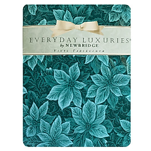 Newbridge Hunter Green Poinsettia Scroll Vinyl Christmas Tablecloth with Flannel Backing, Poinsettia and Holly Damask Look Vinyl Flannel Back Tablecloth, 60” x 102” Oblong/Rectangle