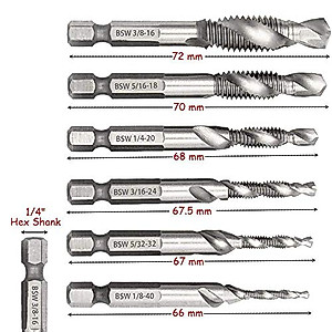 Bestgle Set of 6 SAE Drill Tap Combination Bits HSS Deburr Countersink Bit Set with 1/4 Inch Hex Shank Tool Kit BSW 1/8, 5/32, 3/16, 1/4, 5/16, 3/8