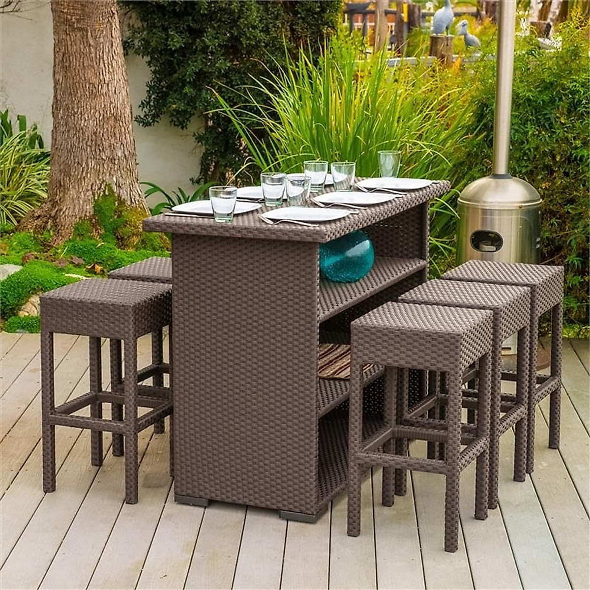 Noble House Milton Outdoor 7-Piece Brown Wicker Bar Set