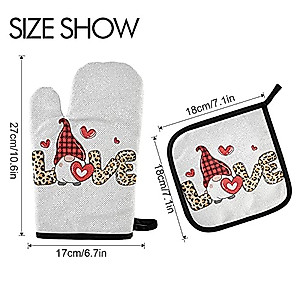 Leopard Love Gnomes Oven Mitts and Pot Holders Mothers Day Heat Resistant Oven Mit Glove Pad 2PCS Soft Cotton Lining Non-Slip Safe for Baking Kitchen Cooking BBQ