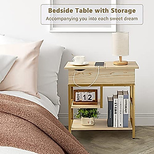 Hadulcet Side Table with Charging Station, Flip Top End Table with Storage Shelf for Living Room Bedroom Small Space Gold & Beige