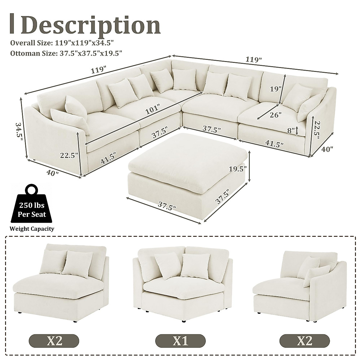 Olodumare L Shaped Modular Sectional Sofa Set with Ottoman, Free Combination Deep Seat Sofa with Down Feathers Filled,10 Pillows, 6-Seats Oversized Corner Sofa for Living Room Furniture,Chenille Beige