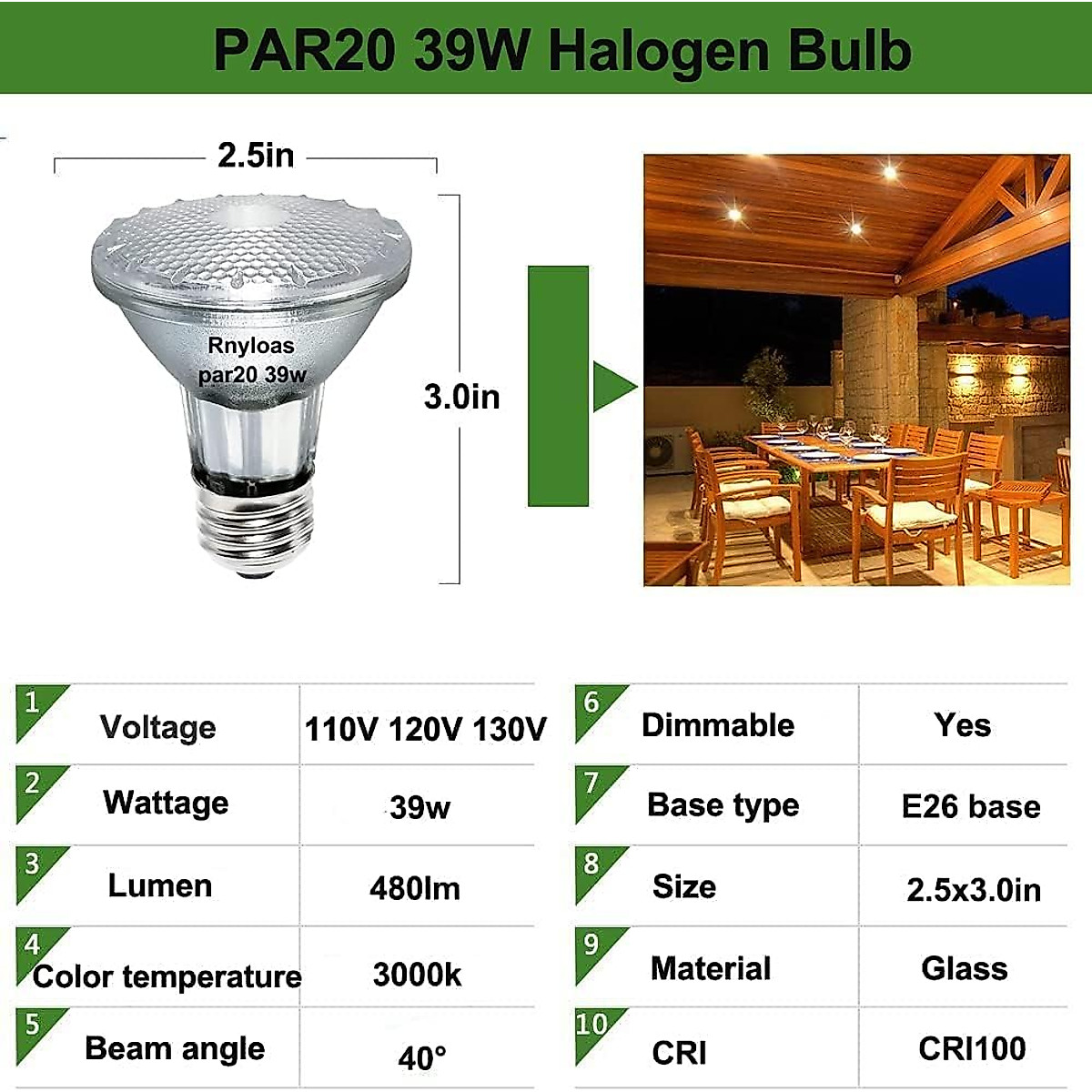 H&Z PAR20 Flood 39W 120V 480 Lumens, High Output 9 Pack 39W PAR20 Halogen Bulb (Equivalent PAR20 50W Halogen Bulb), Long Lasting PAR20 Flood 39W 120V with 3000K Warm White, PAR20 E26 Dimmable