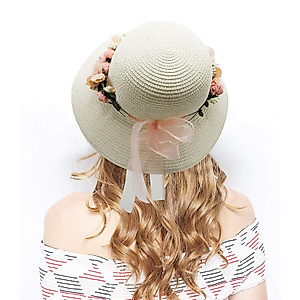 Lovful Fashion Flower Lace Ribbon Wide Brim Caps Summer Beach Sun Protective Hat Straw Hats for Women, White