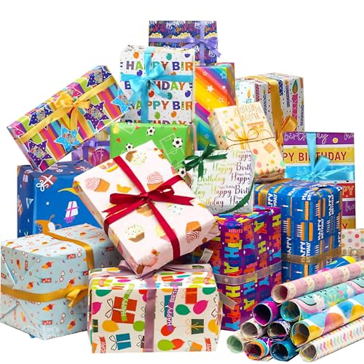 Egcina Birthday Gift Wrapping Paper, 28 Pcs Different Design, Christmas Wedding BabyShower Gift Wrapping Paper for Kids, Adults, Arts Crafts, Happy Birthday Mermaids, 19.7" * 27.6" Per Sheet