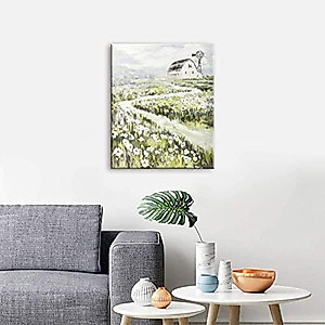 Hi.I.U.88 Rustic Wall Decor Old White Barn Canvas Art Painting with Windmill Bathroom Deco Pictures for Farmhouse Bedroom Framed Ready to Hang (Green, 12X15In), 12X15In