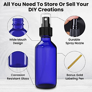 CULINAIRE 2oz Glass Spray Bottles for Essential Oils with Gold Pen Marker, Small Fine Mist Spray Bottle, Refillable, for Hair Spray, Essential Oils, Colognes, and Hand Sanitizers, Blue, Pack of 24
