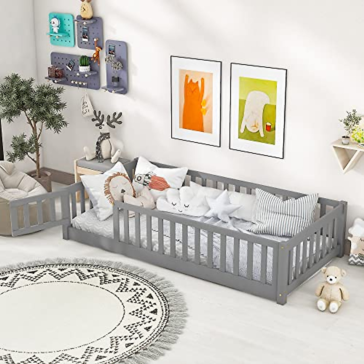 Twin Size Floor Platform Bed with Fence, Wooden Playpen Bed for Kids, Kids Fence Bed with Door, No Box Spring Needed (Grey)