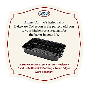 Alpine Cuisine Turkey Roaster Pan with Rack 16-Inch - Nonstick Coating Carbon Steel Pan - Black & Heavy Duty Roasting Pan - Easy to Clean, Multipurpose Use - Durable & Dishwasher Safe