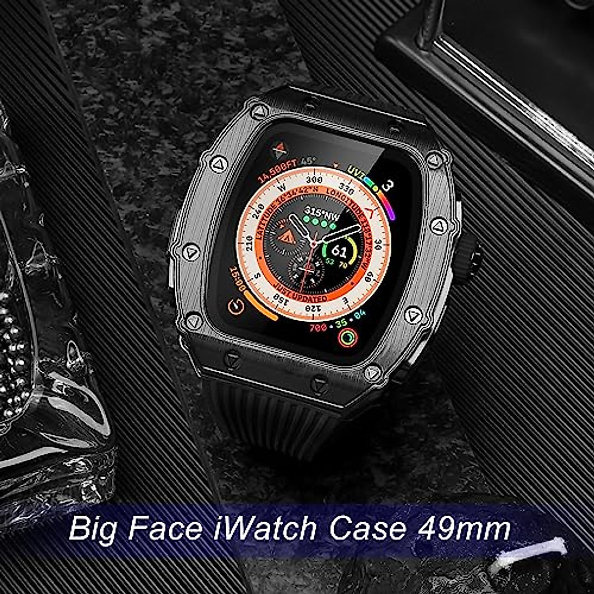 Luxury Case for Apple Watch Band 49mm, Rugged Bumper Metal Cover + Built-in Glass +Silicon Strap for Men's Heavy Duty iWatch Series Ultra 2 49mm Protective Case (49mm, Black)