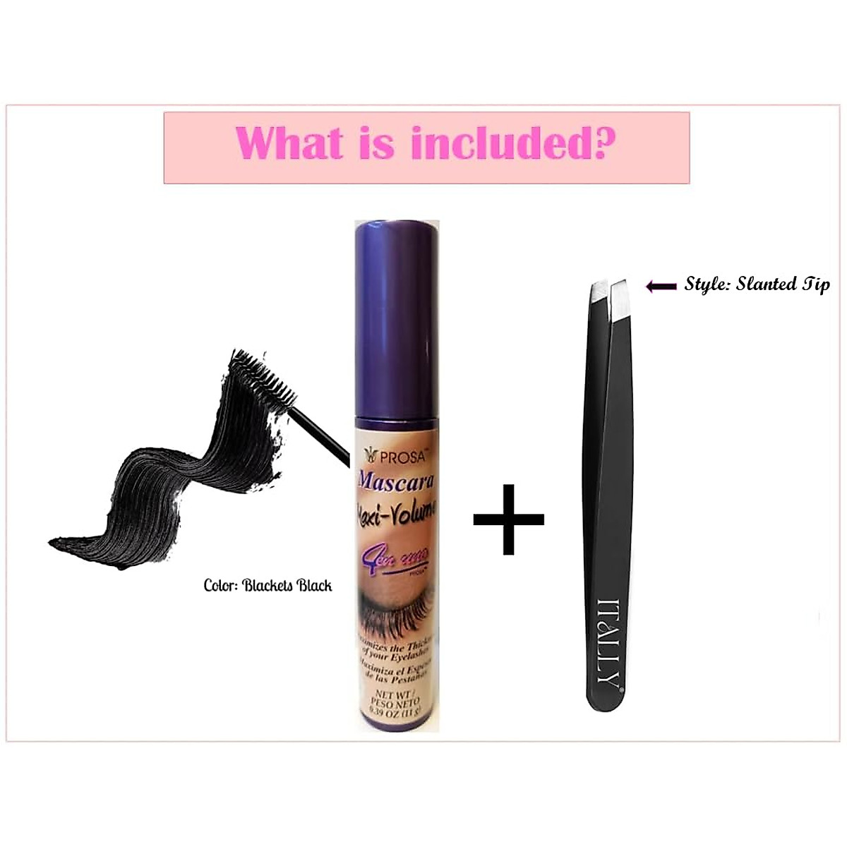 PROFESSIONAL Volumizing Mascara, Intense Length, Buildable, Defining, Curling, Waterproof, Lasts 18+ Hrs., Black, Prosa 4 en 1 Maxi-Volume + Tweezers