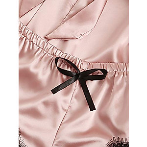 WDIRARA Women' Silk Satin Pajamas Set 4pcs Lingerie Floral Lace Cami Sleepwear with Robe Pink S