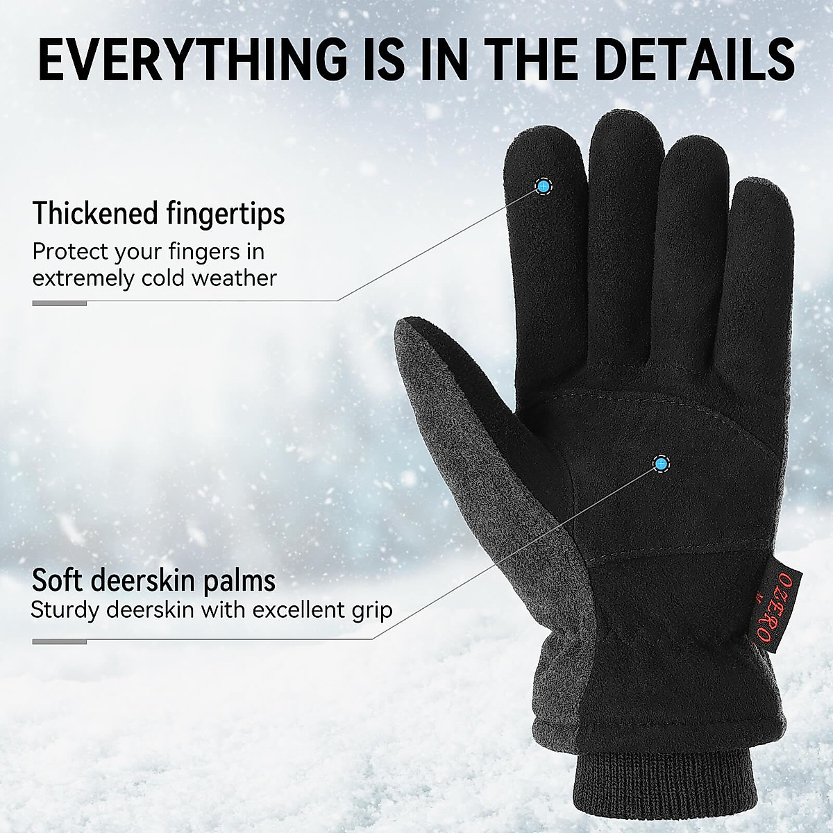 OZERO Winter Gloves Insulated Work Cold Proof Deerskin Suede Leather Thermal Fleece for Men and Women Grey-Black Small