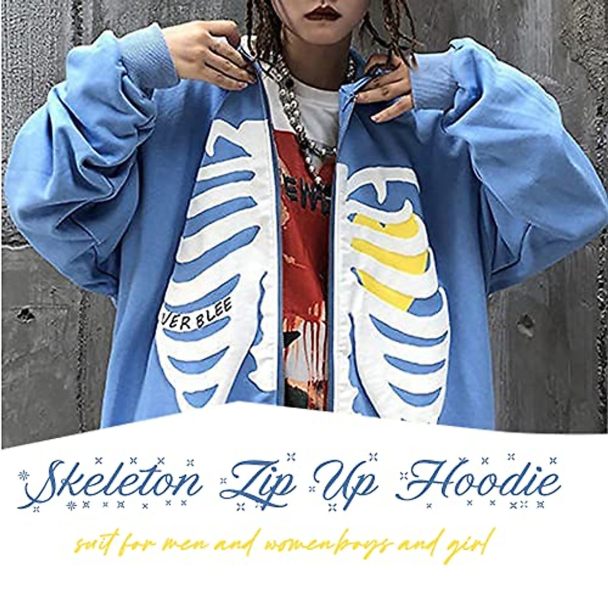 Unisex Skeleton Zip Up Hoodie Fashion Vintage Jacket Graphics E-Girl 90s Sweatshirt for Men and Women (Blue,Small)