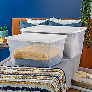 Sterilite 90 Qt Storage Box, Stackable Bin with Lid, Plastic Container to Organize Clothes, Blankets, Towels in Closet, Clear with White Lid, ‎29.75"L x 13.5"W x 18.75"H, 4-Pack