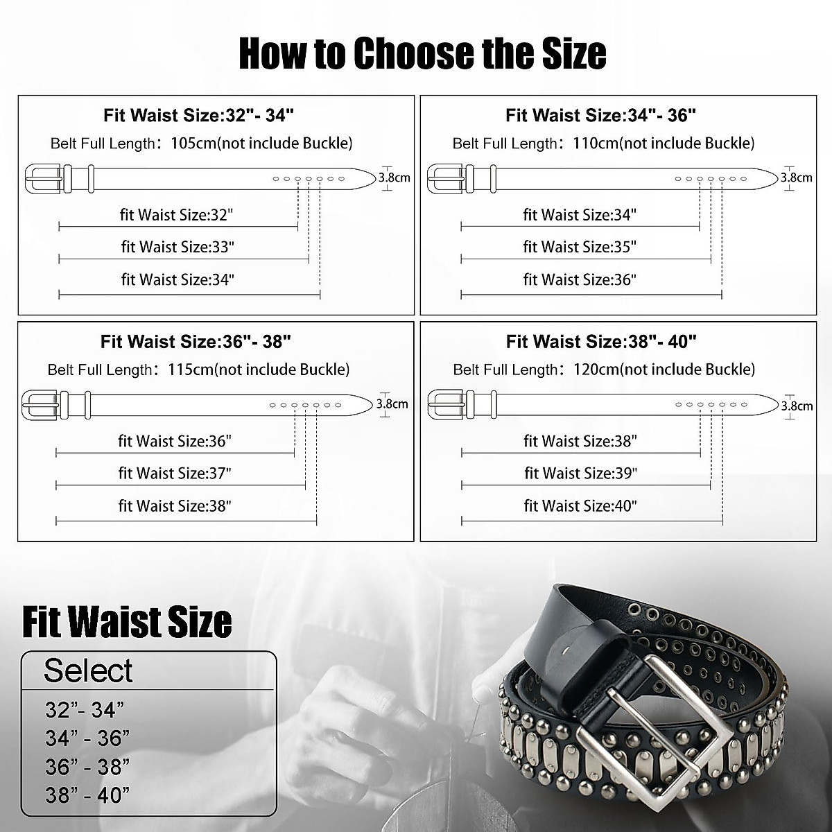 FIORETTO Stylish Mens Studded Casual Italian Cowhide Leather Belts For Jeans Punk Rock Rivets Belt With Buckle For Men Black