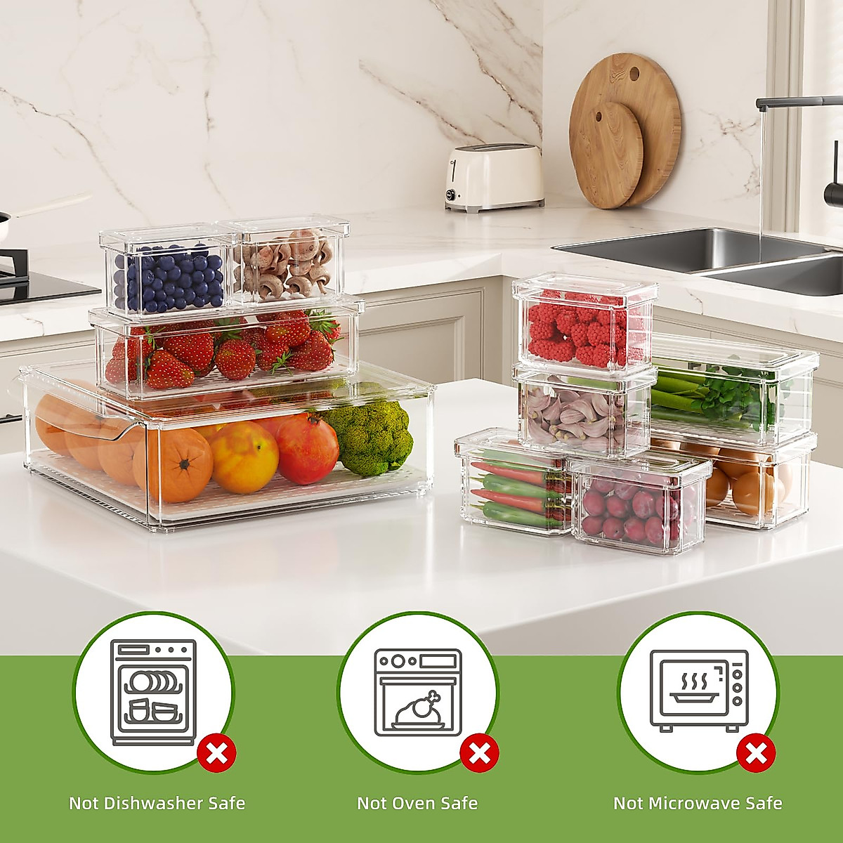 Santiccipa Refrigerator Organizers and Storage, 10 Pack Stackable Clear Drawer Storage Containers and Bins with Lids for Salad Bar, Fruits, Vegetables, Food, Produce, Kitchen and Fridge Organization