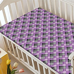 Plaid Themed Fitted Crib Sheet,Standard Crib Mattress Fitted Sheet Soft Toddler Mattress Sheet Fitted-Great for Boy or Girl Room or Nursery,28“ x52“,Lavender Violet Dimgray
