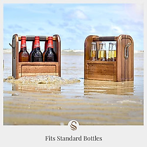 Shanik 6-Bottle Beer Caddy with Bottle Opener, Handle, and Removable Divider for Liquor, Sparkling Water, and Seltzers, Great for Parties, Pool and Beach, Boat Fishing, Natural Acacia Wood