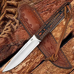 AUBEY Fixed Blade Hunting Knife, 4.52 inch D2 Steel Blade Survival Knife with Leather Sheath Wood Handle, Full Tang Camping Knife for Men Women