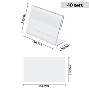 BILLIOTEAM 40pack Mini Clear Sign Display Holder with Blank Labels,3.5*2.4 Inch Horizontal Slanted L-Shape Plastic Name Card Price Card Tag Label Counter Top Stand