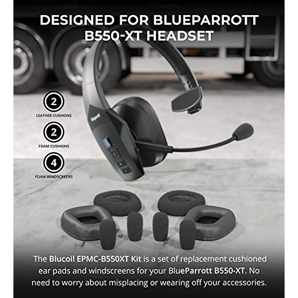 Blucoil EPMC-B550XT Replacement Ear Pad Cushions and Microphone Windscreens Kit for Blueparrott B550-XT Headset